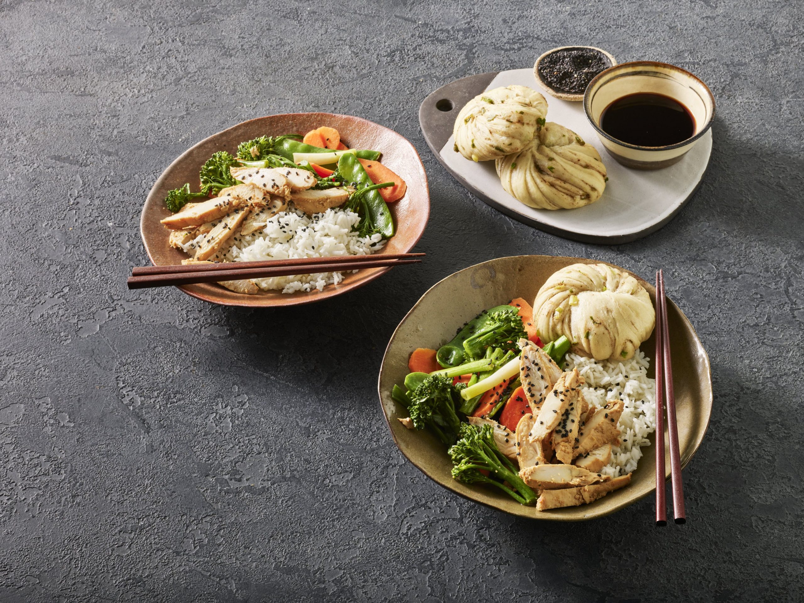 Ginger Soy Chicken, Vegetables, Steamed Rice and Steamed Spring Onion ...